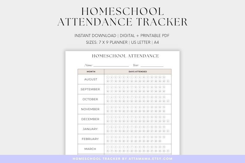 Homeschool Attendance Tracker Printable: Minimalist Design (PDF) - Etsy