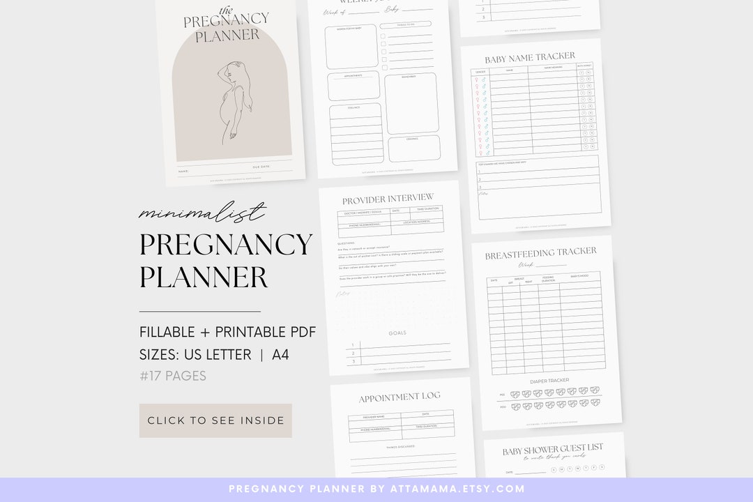 Minimalist Pregnancy Planner Printable Digital Fillable PDF, Simple ...