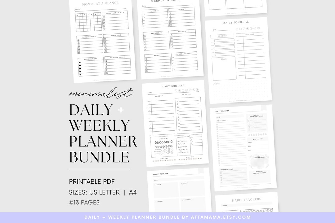 Minimalist Daily Planner Printable Bundle, PDF Daily Hourly Schedule ...