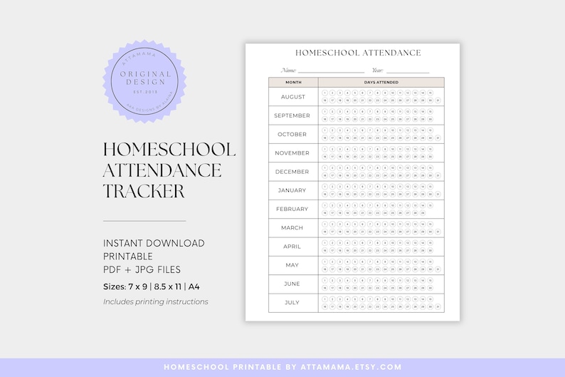 Homeschool Attendance Tracker Printable PDF, Digital Attendance Sheet ...