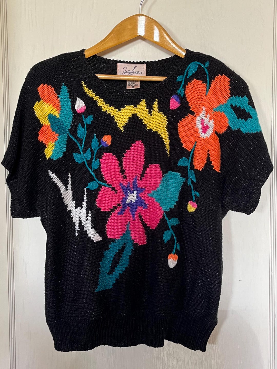Vintage Retro JACLYN SMITH Short-sleeved Floral Knit Sweater Top ...