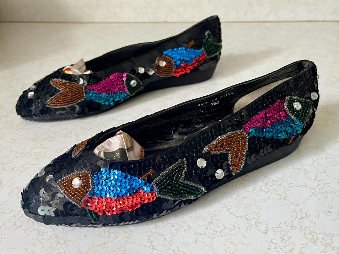 Vintage 1980s RADICAL Sequined Beaded Fish Shoes - Fun Colorful Flats ...
