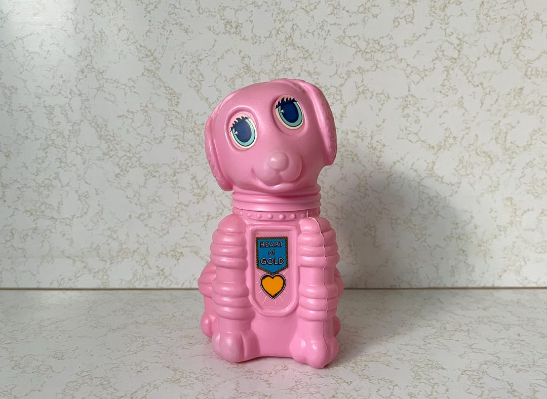 Vintage 80s HEART OF GOLD Pink Plastic Robot Dog Blow Mold Bubble Bath ...