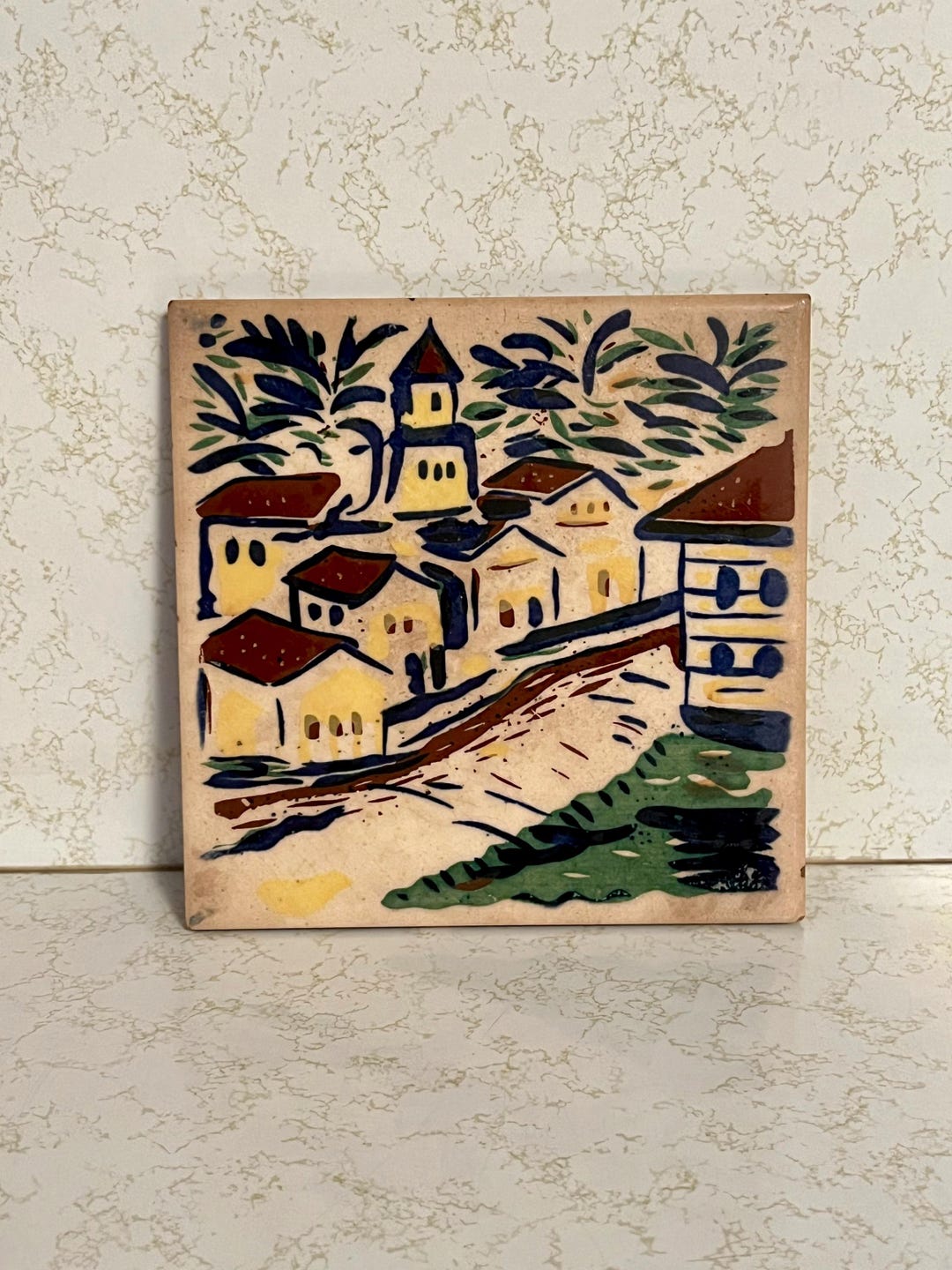 Vintage 1950s Wheeling Ceramic Tile / Trivet - Village Town Landscape ...