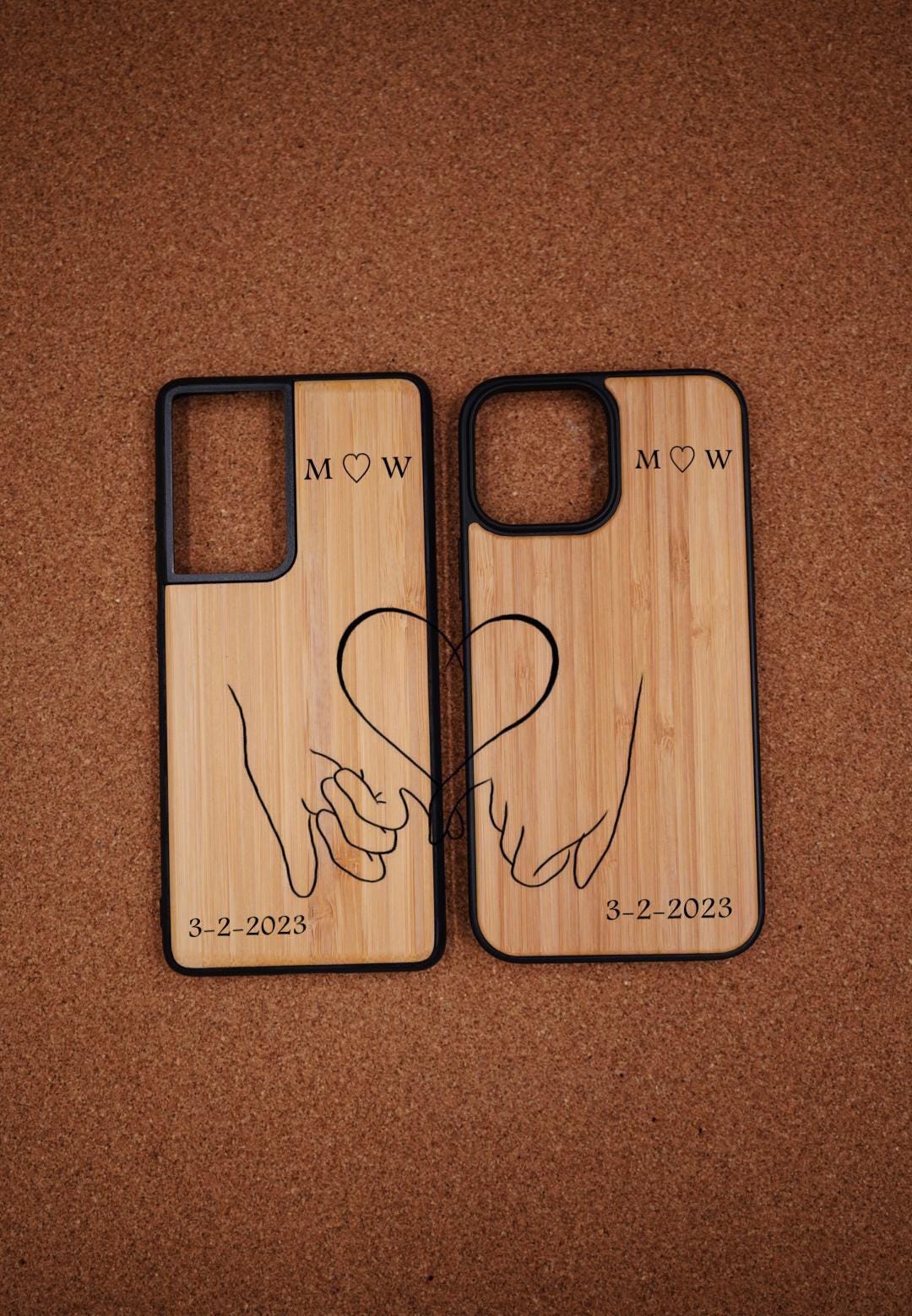 Personalized Couple Wooden Phone Case Set Custom Design for Long ...