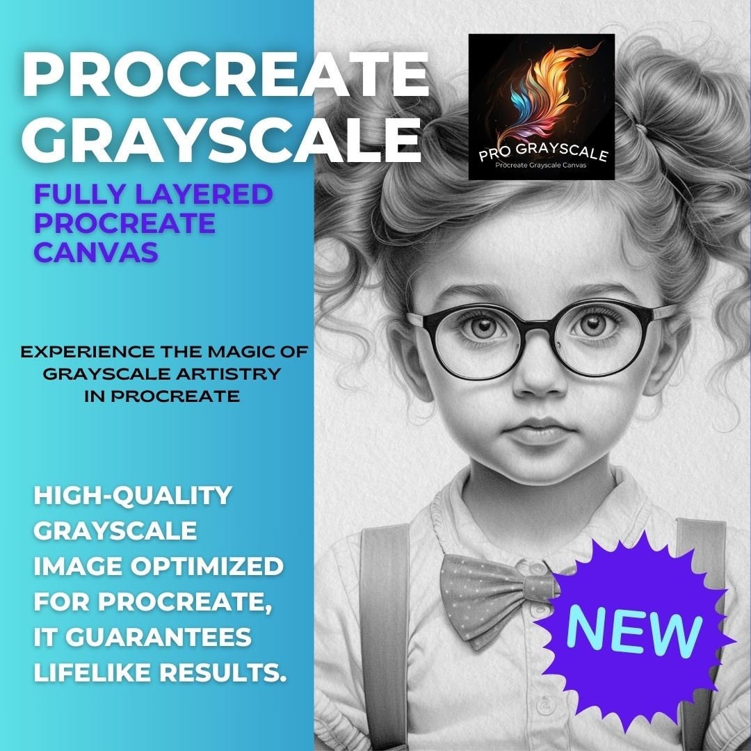 Little Girl With Pigtails Realistic Grayscale Procreate Canvas for Digital Art and Digital ...