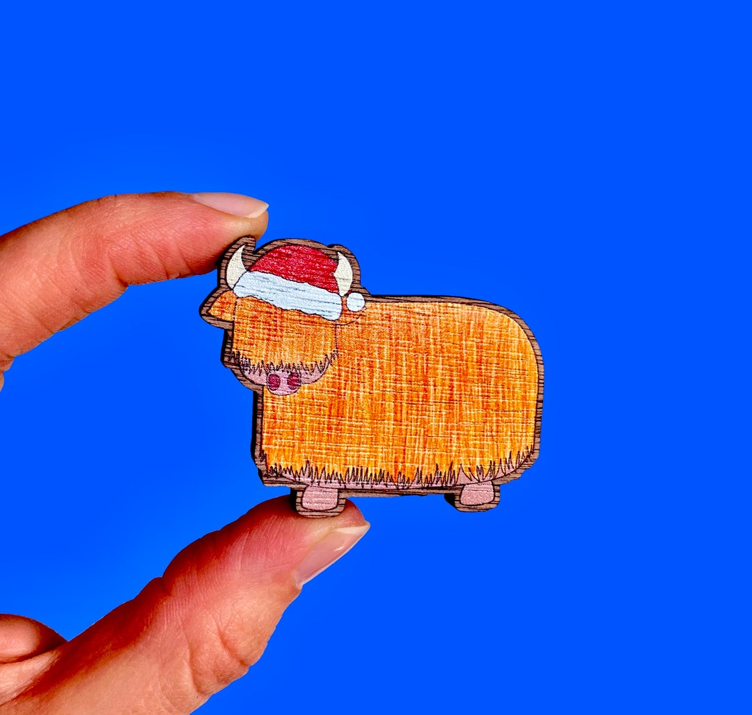 Festive Ginger Highland Coo Wooden Badge - Etsy