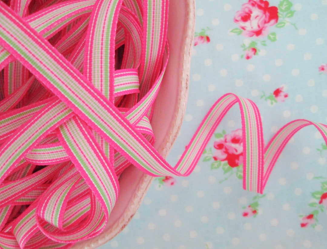 Striped Grosgrain Ribbon - Pink, Green & White - 3/8 Inch - 1 Yard - Etsy