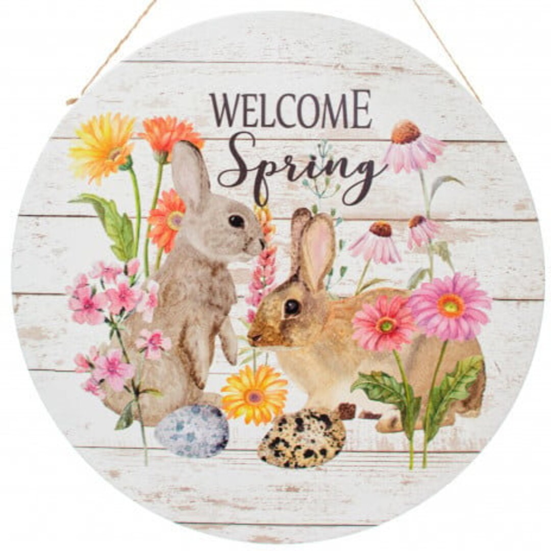 12" Metal Hanging Sign: Welcome Spring Rabbits and Eggs Wreath ...