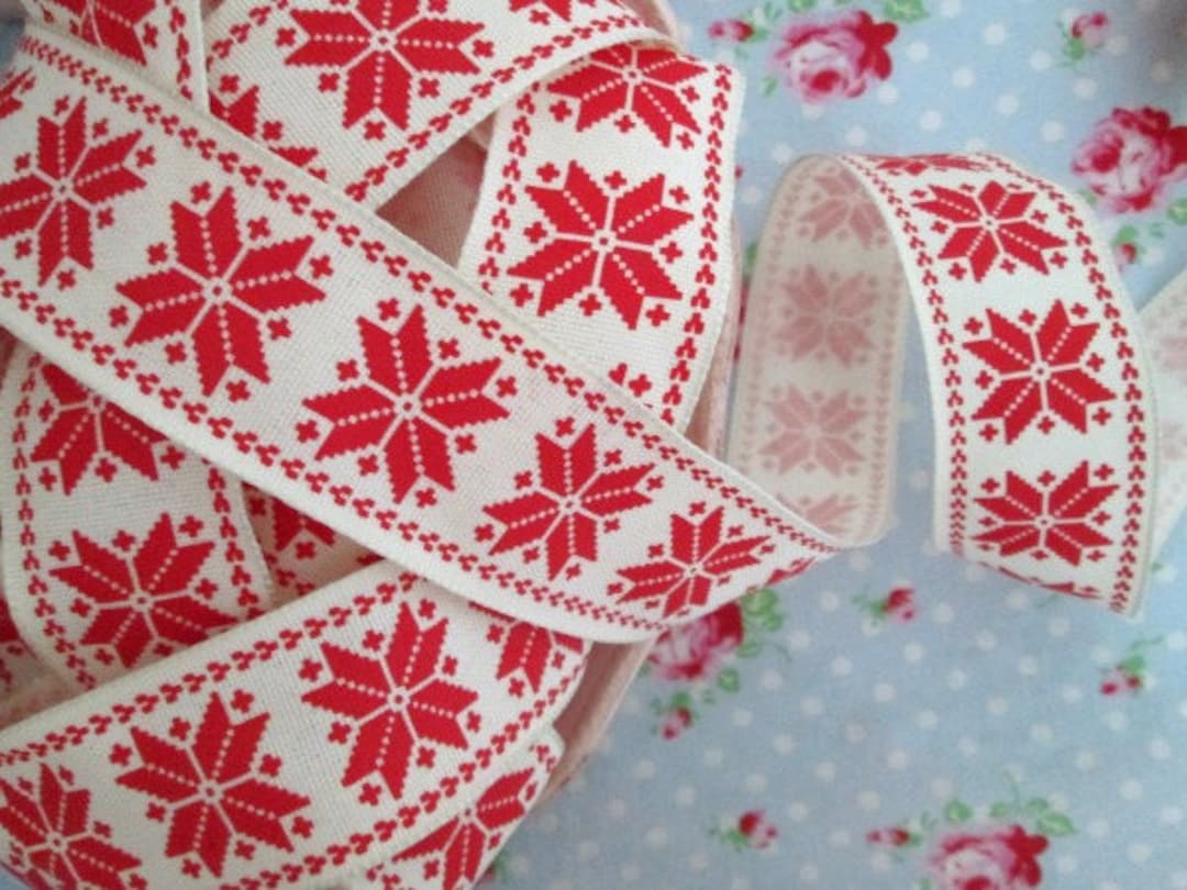 Red and Ivory Scandinavian Nordic Snowflake Wired Christmas Ribbon - 1 ...