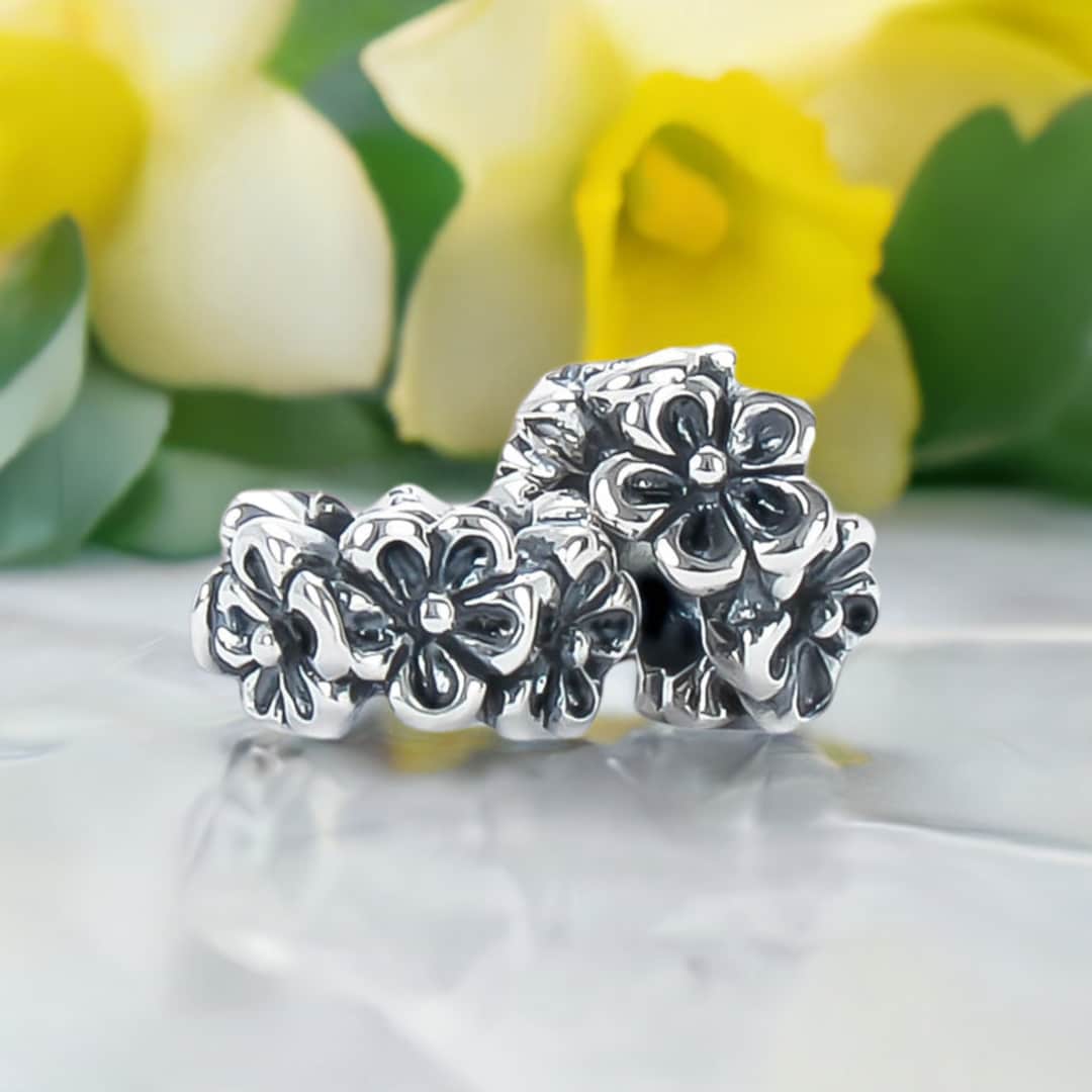 Sterling Silver Flower Bouquet Bead Charm - Fits Pandora Bracelet (set ...