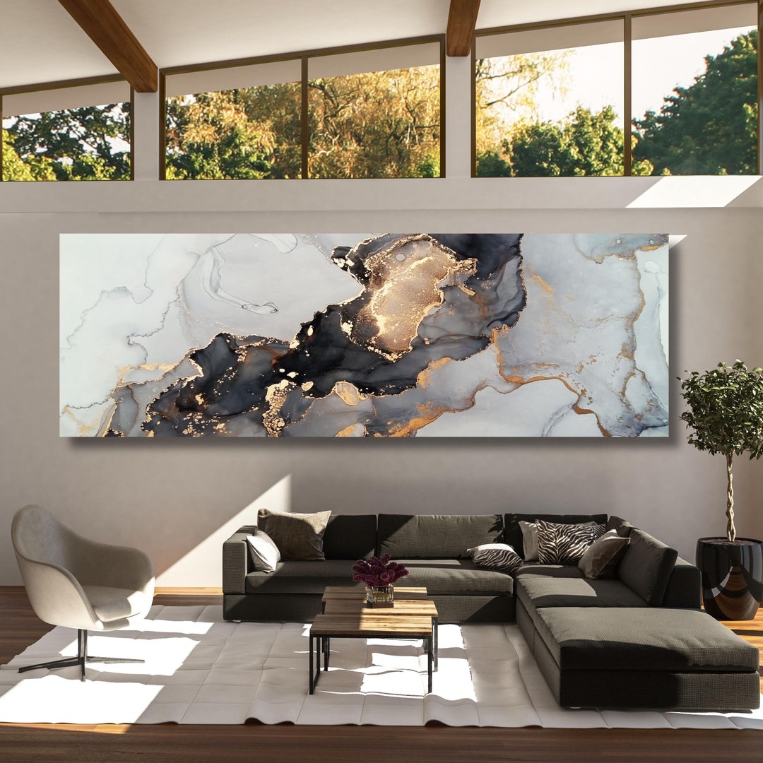 Panoramic Black and Gold Marble Wall Decor Abstract Canvas Wall Art ...