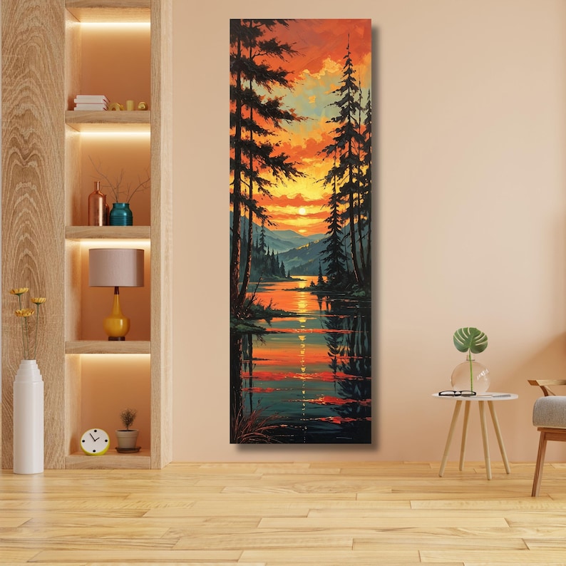 Long Narrow Canvas Wall Art Vertical Nature Print Tall Modern Sun Tree ...