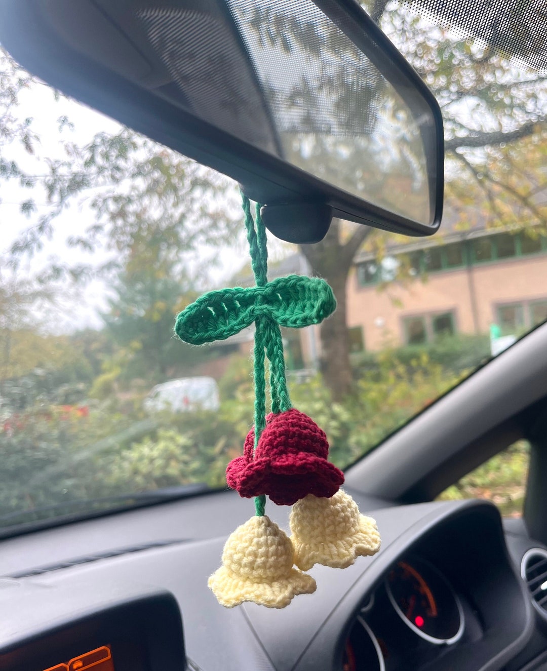 Crochet Lily Car Accessory | Handmade Burgundy and Yellow Flowers - Etsy