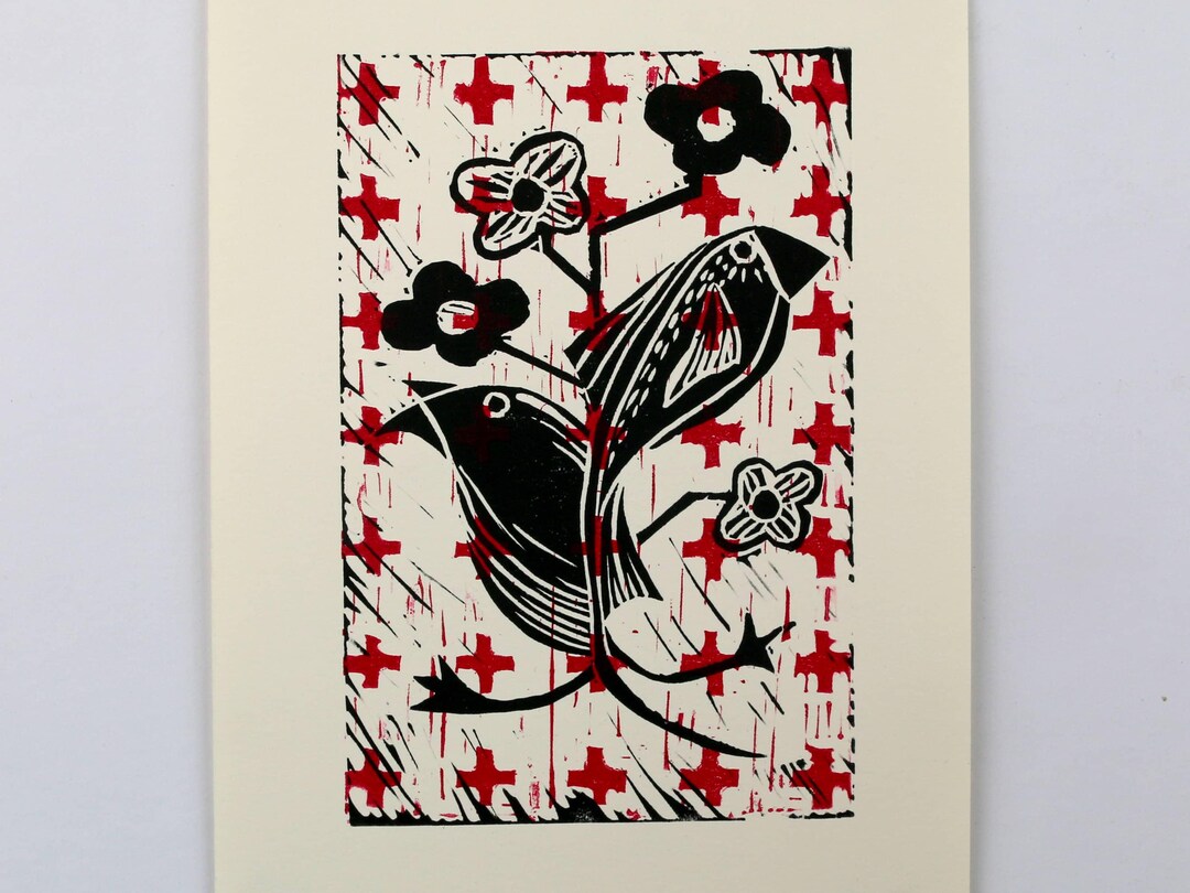 Linocut birds & Crosses Hand Printed Linocut Two Colors Hand Printed - Etsy