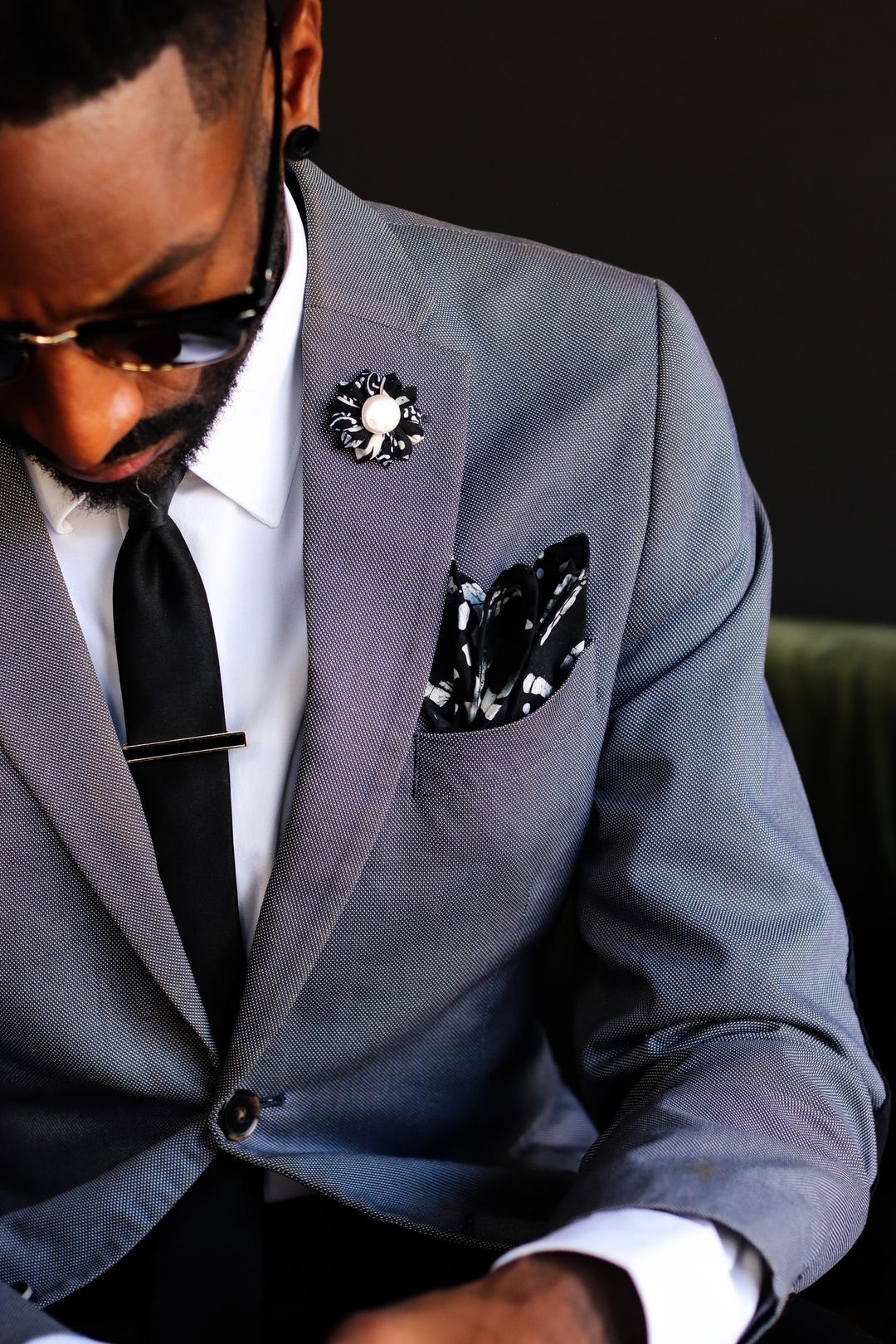 Black White Lapel Flower Pin Pocket Square Batik Cotton Handkerchief ...