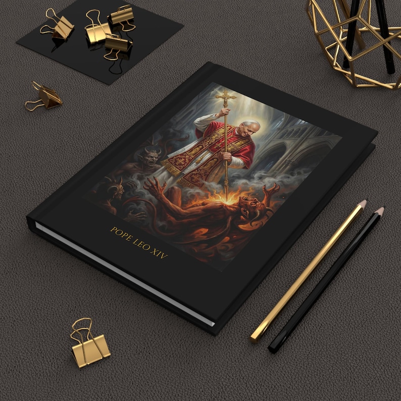 Epic Pope Leo XIV Slaying Demon Illustration Hardcover Journal ...