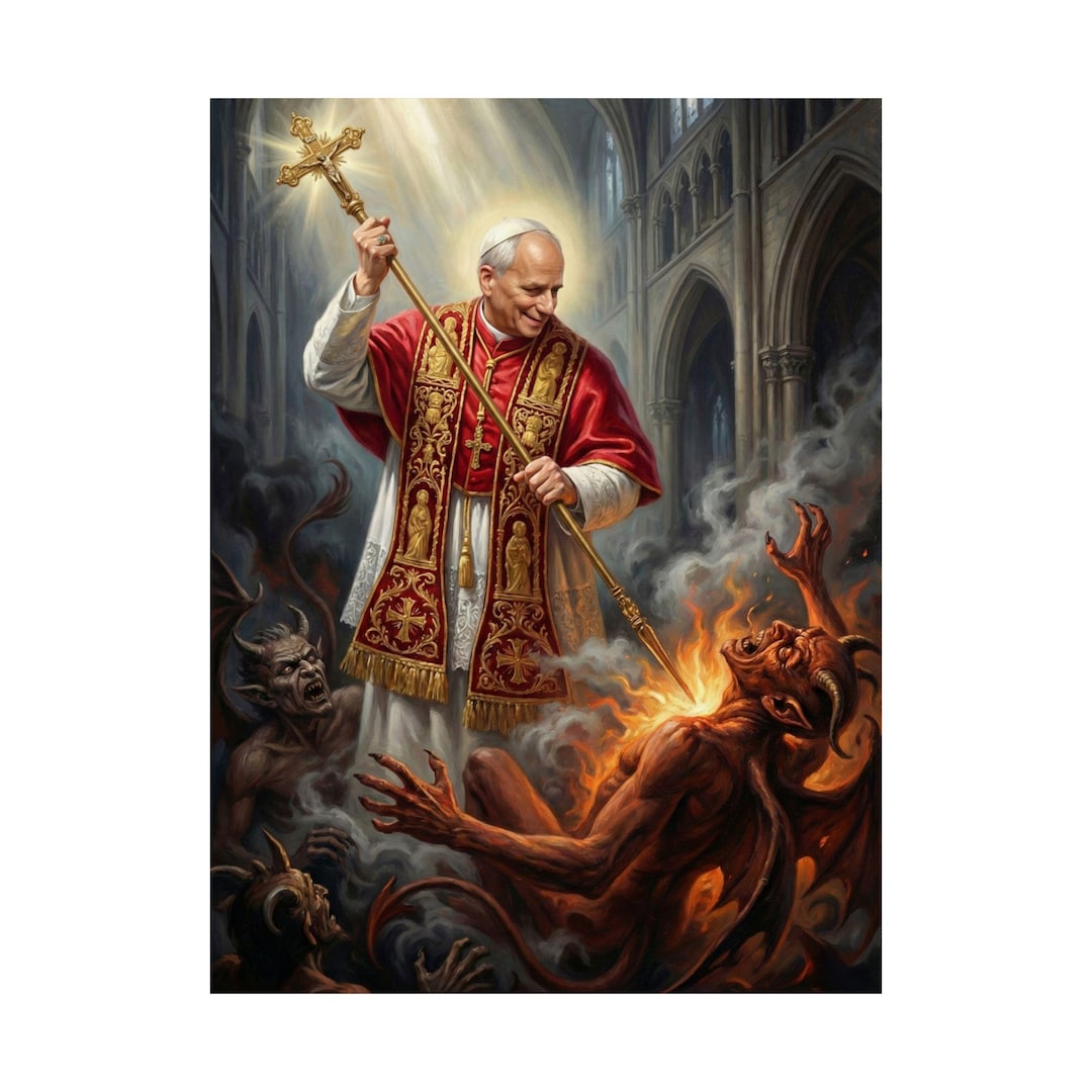 Pope Leo XIV Slaying Demon Matte Vertical Poster | Epic Catholic Art - Etsy