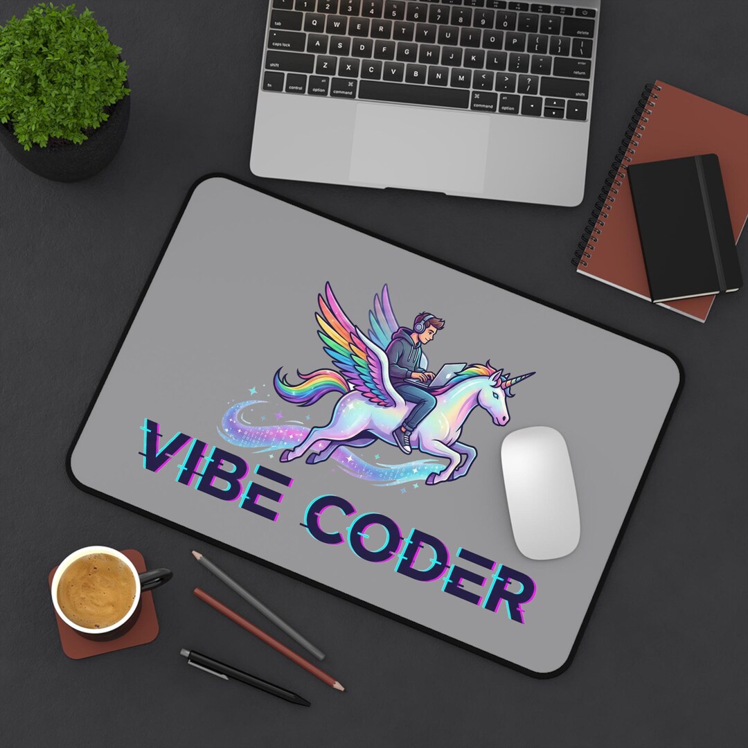 Vibe Coder | Pegasus Unicorn Illustration Desk Mat | Retro Neon Lovable ...