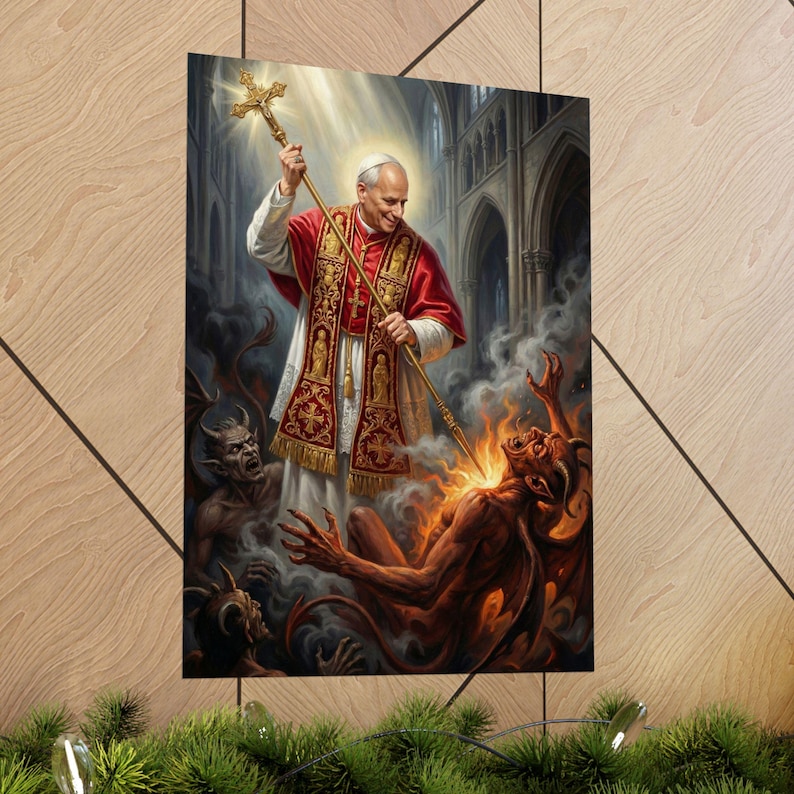 Pope Leo XIV Slaying Demon Matte Vertical Poster | Epic Catholic Art - Etsy