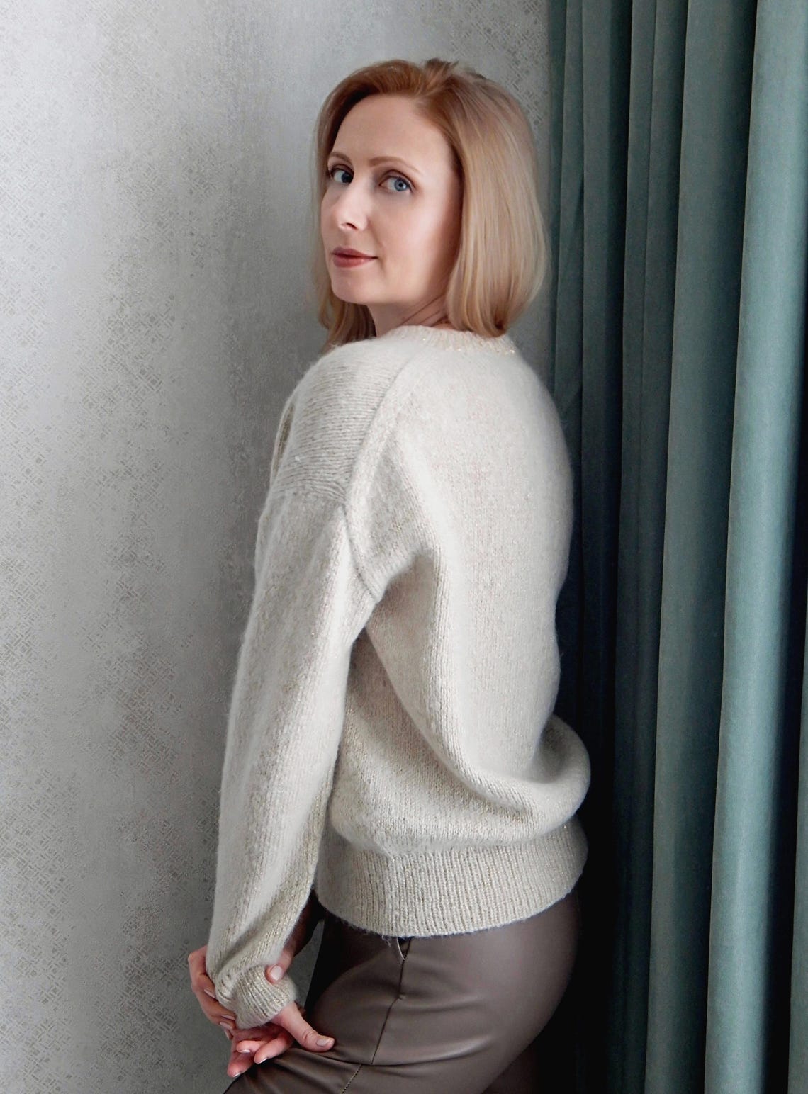 Hand Knitted Merino-wool Sweater for Women in Beige V-neck Sweater ...