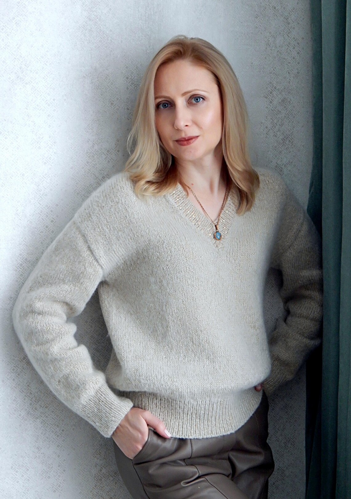 Hand Knitted Merino-wool Sweater for Women in Beige V-neck Sweater ...