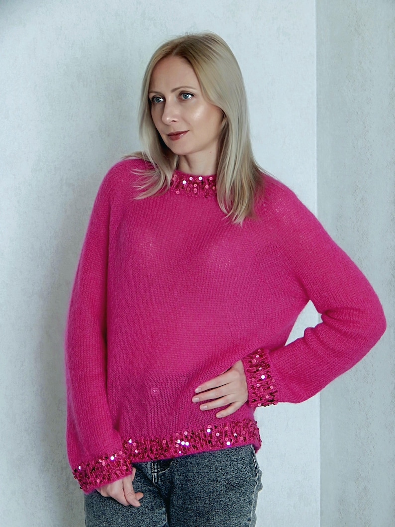 Funky Mohair Sweater for Women With Sequins Fuzzy Hand Knitted ...