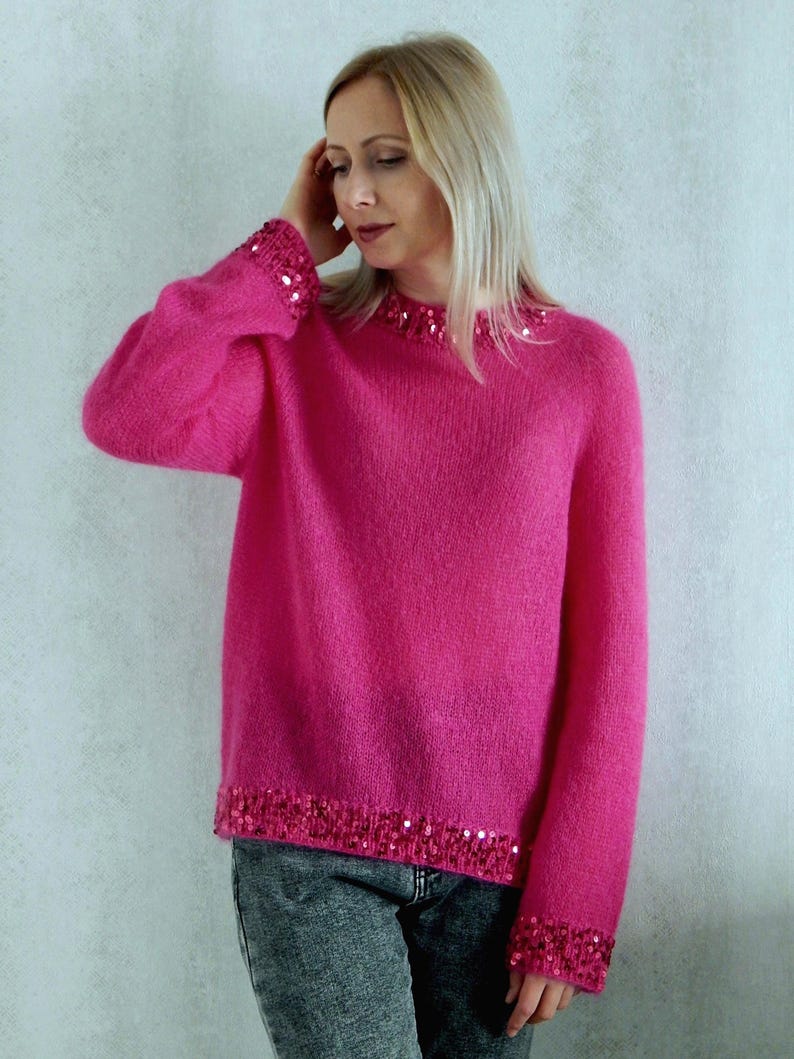 Funky Mohair Sweater for Women With Sequins Fuzzy Hand Knitted ...