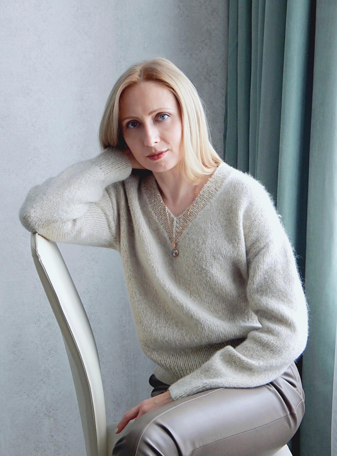 Hand Knitted Merino-wool Sweater for Women in Beige V-neck Sweater ...