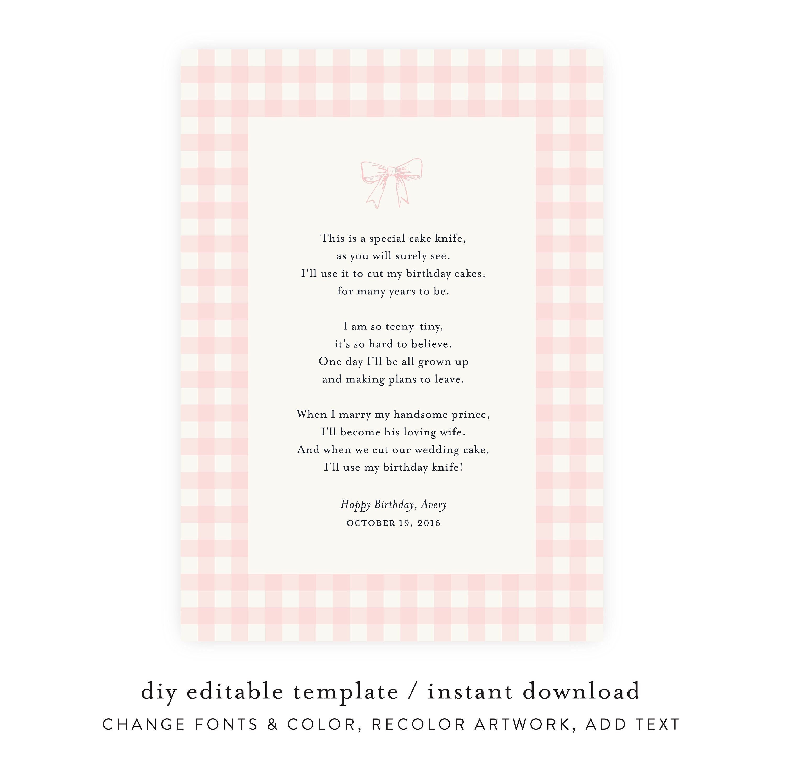 DIY Birthday Cake Knife Poem | Printable - Etsy
