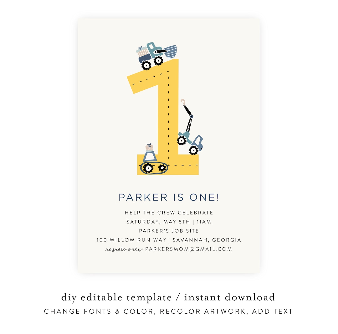 1st Birthday Construction Invitation Instant Download, First Birthday ...
