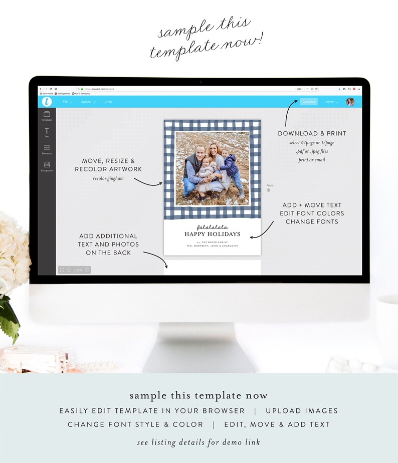 Preppy Gingham Christmas Card Printable Template, Christmas Photo Card ...