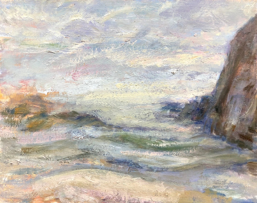 Golden Hour, Sea Rocks & Sky, Original Oil Painting, Impressionism ...