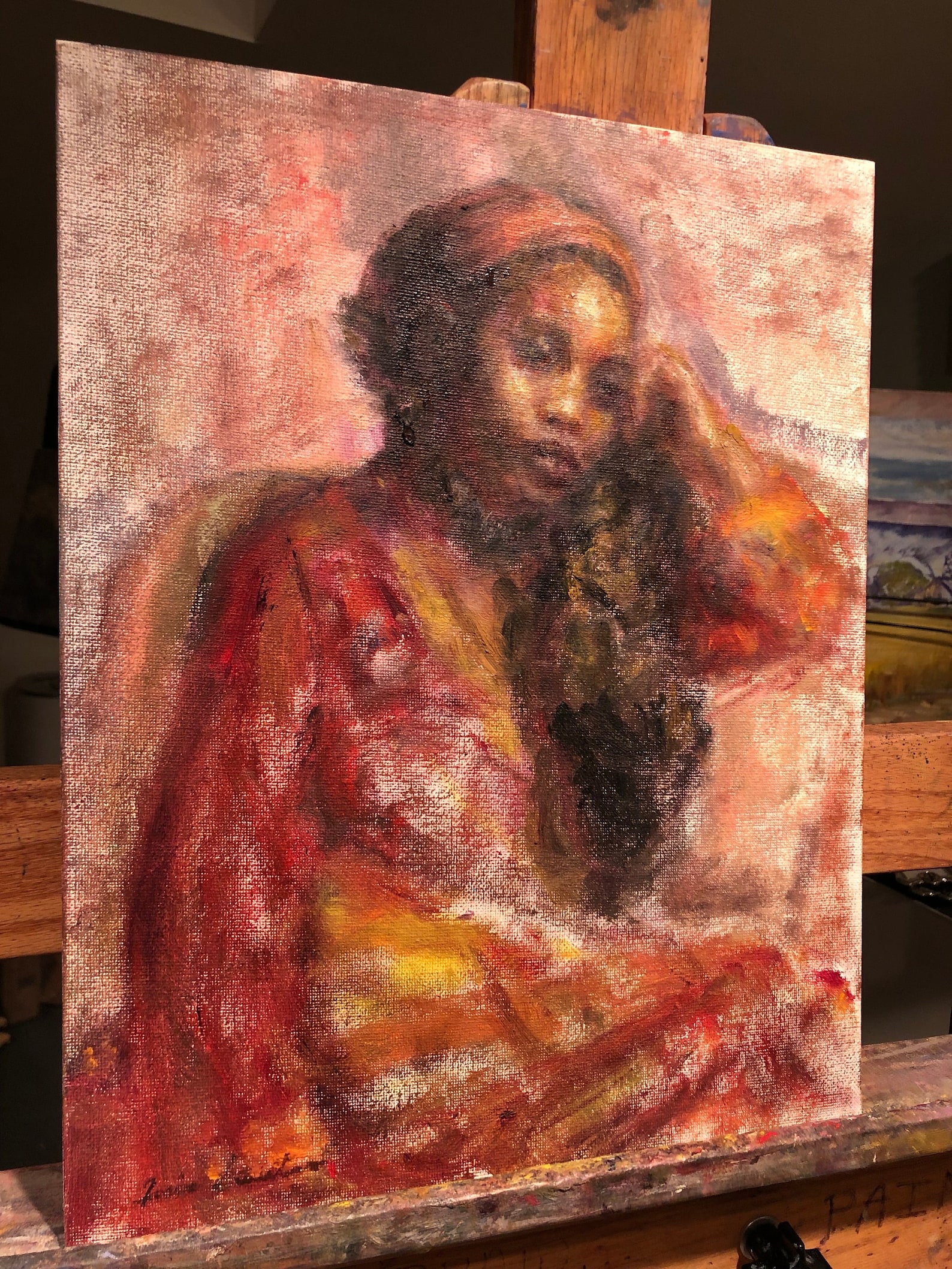 Deep in Thought - Lady in Red, Original Oil Painting on Canvas ...
