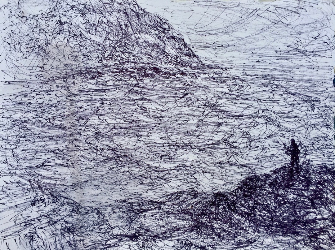 Oregon Coast, Pen & Ink Sketch, Fishing on the Rocks, Original Drawing ...