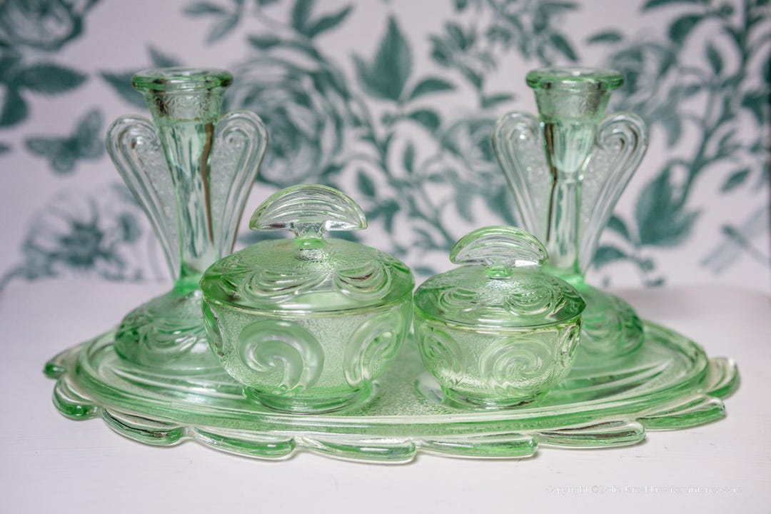 Art Deco Green Glass Dressing Table Set - Etsy Australia