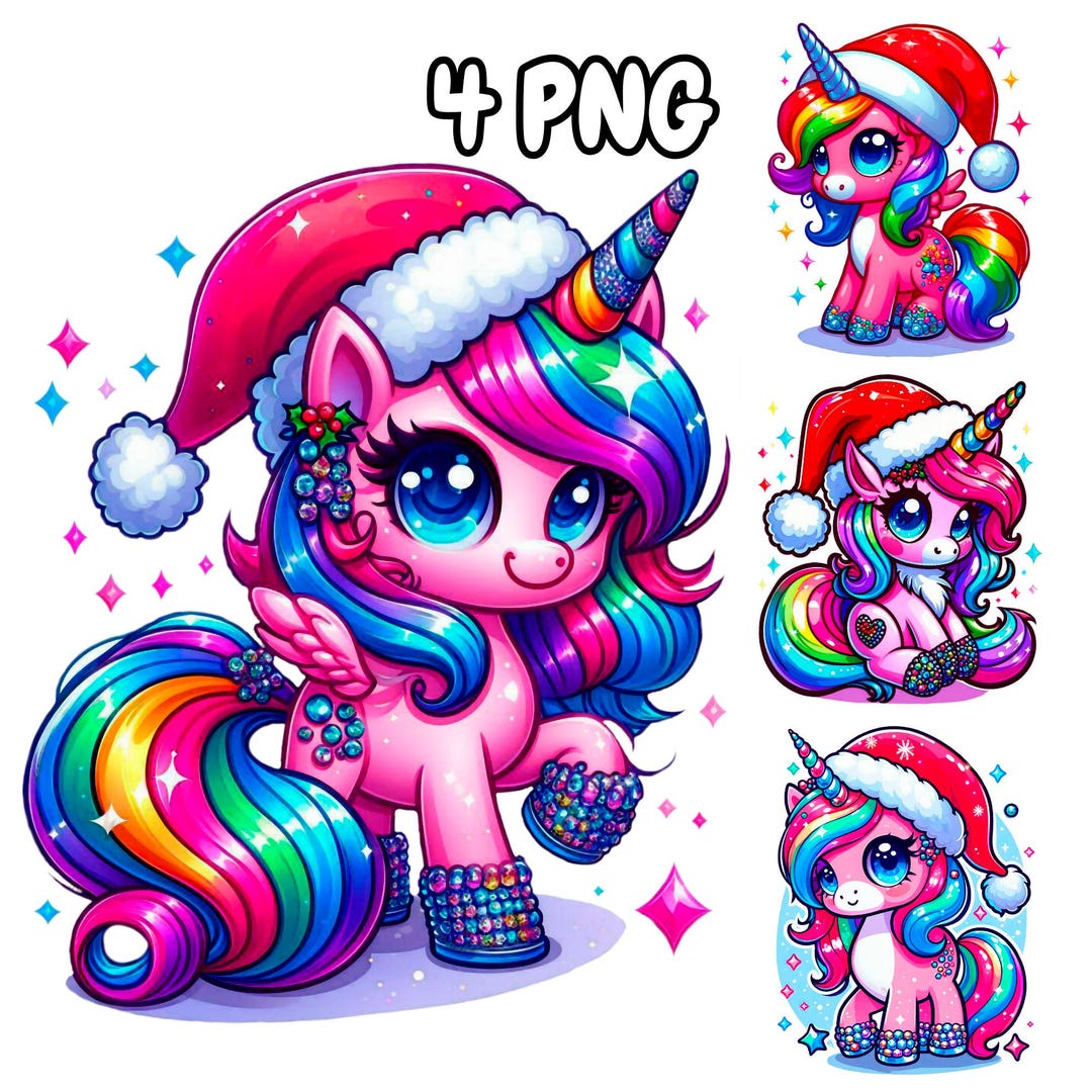 4 Christmas Unicorns Clipart PNG Bundle Festive Illustrations With ...