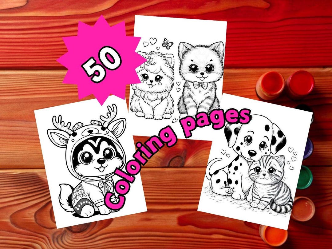 50 Cute Cats Coloring Book Kawaii Puppies Printable Cats in Costumes ...