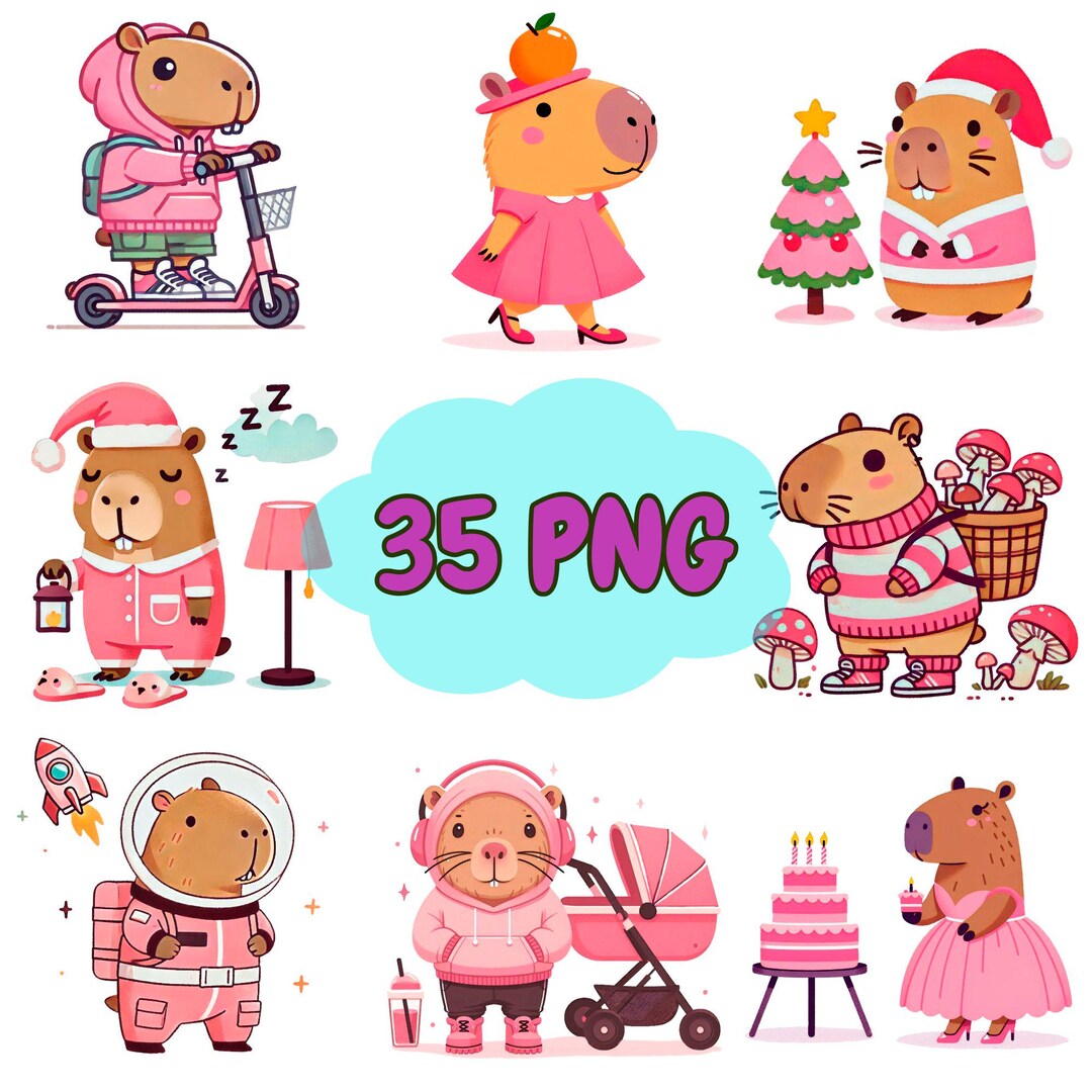 35 Cute Capybara in Pink PNG Clipart Set Gift for Christmas Birthday ...
