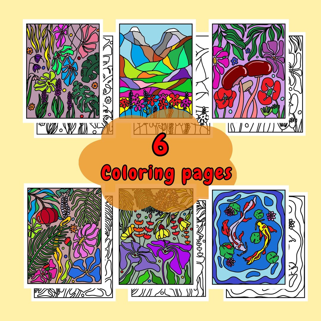 6 Hand-drawn Nature Coloring Pages | Mountains, Koi Pond & Florals ...