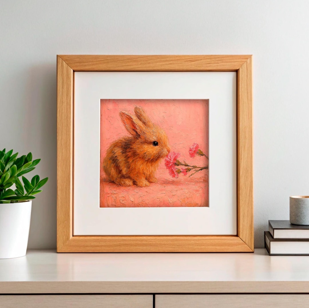 Cute Baby Bunny Art | Pink Floral Illustration | Oil Painting Style ...