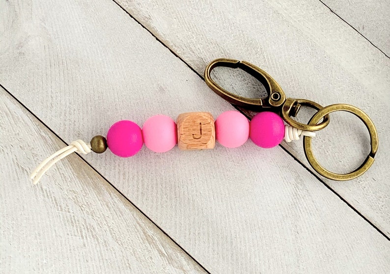 Personalized Initial Keychain, Beech Wood & Silicone Beaded Bag Charm ...