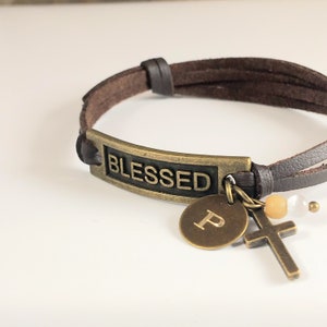 Leather Blessed Cross Friendship Bracelet, Confirmation Gift, Religious ...