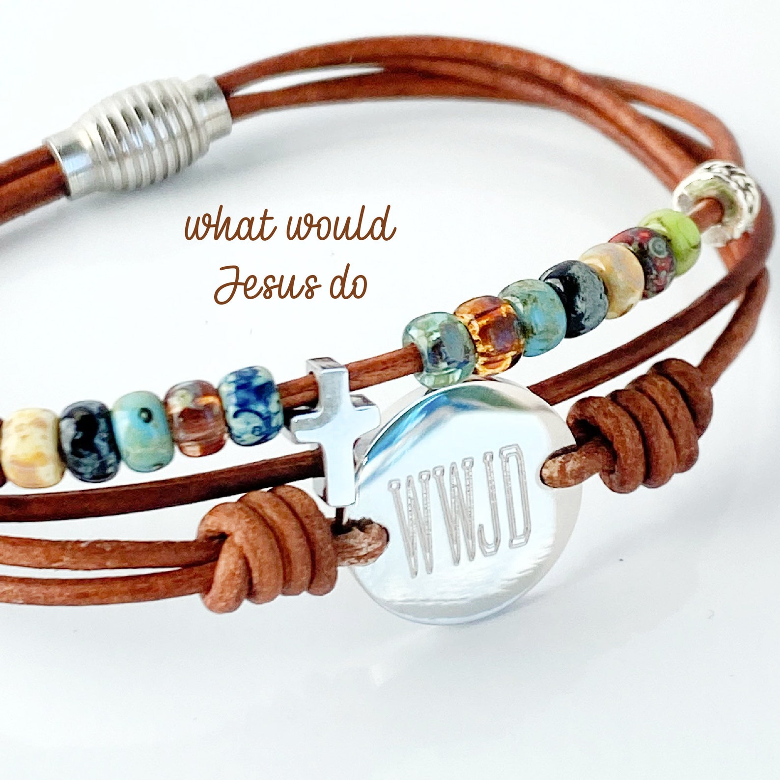 WWJD Leather Cross Bracelet, Confirmation Gift, Leather Bracelet, Cross ...