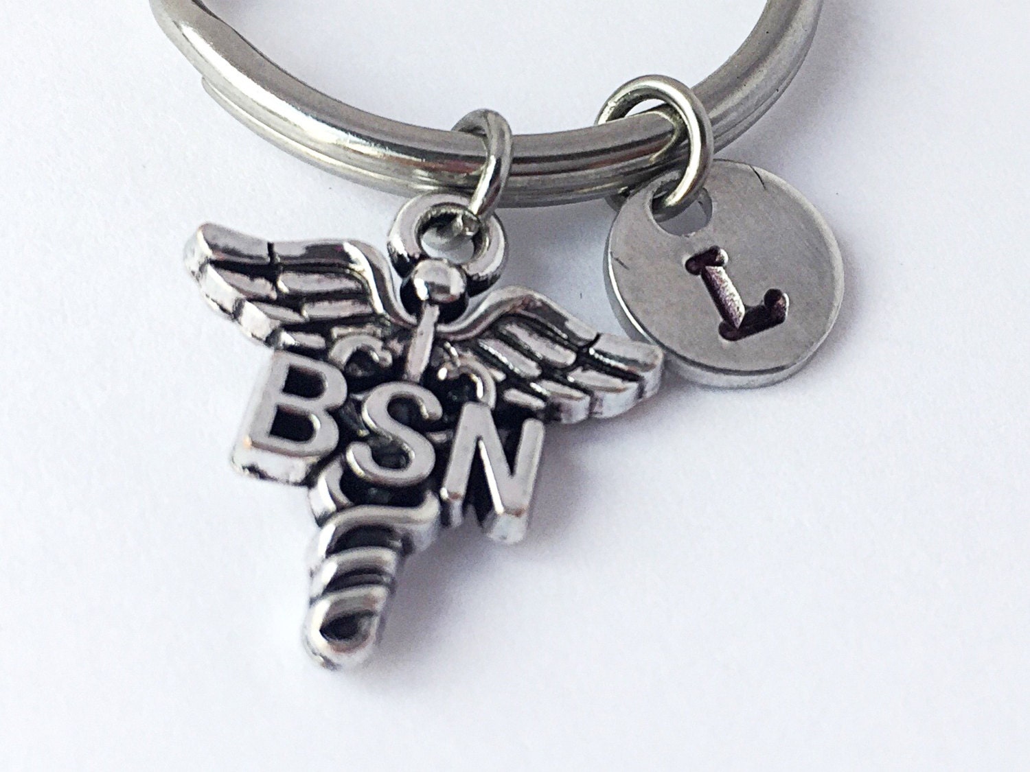 BSN charm Keychain. Initial Keychain. Caduceus Charm Keychain. | Etsy