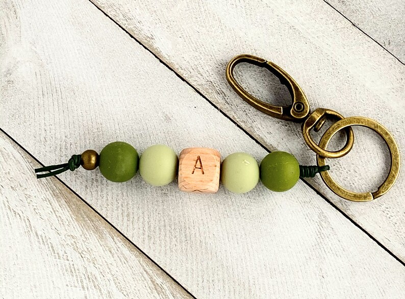 Personalized Initial Keychain, Beech Wood & Silicone Beaded Bag Charm ...