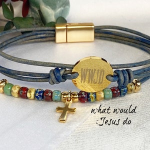 WWJD Leather Cross Bracelet, Confirmation Gift, Leather Bracelet, Cross ...