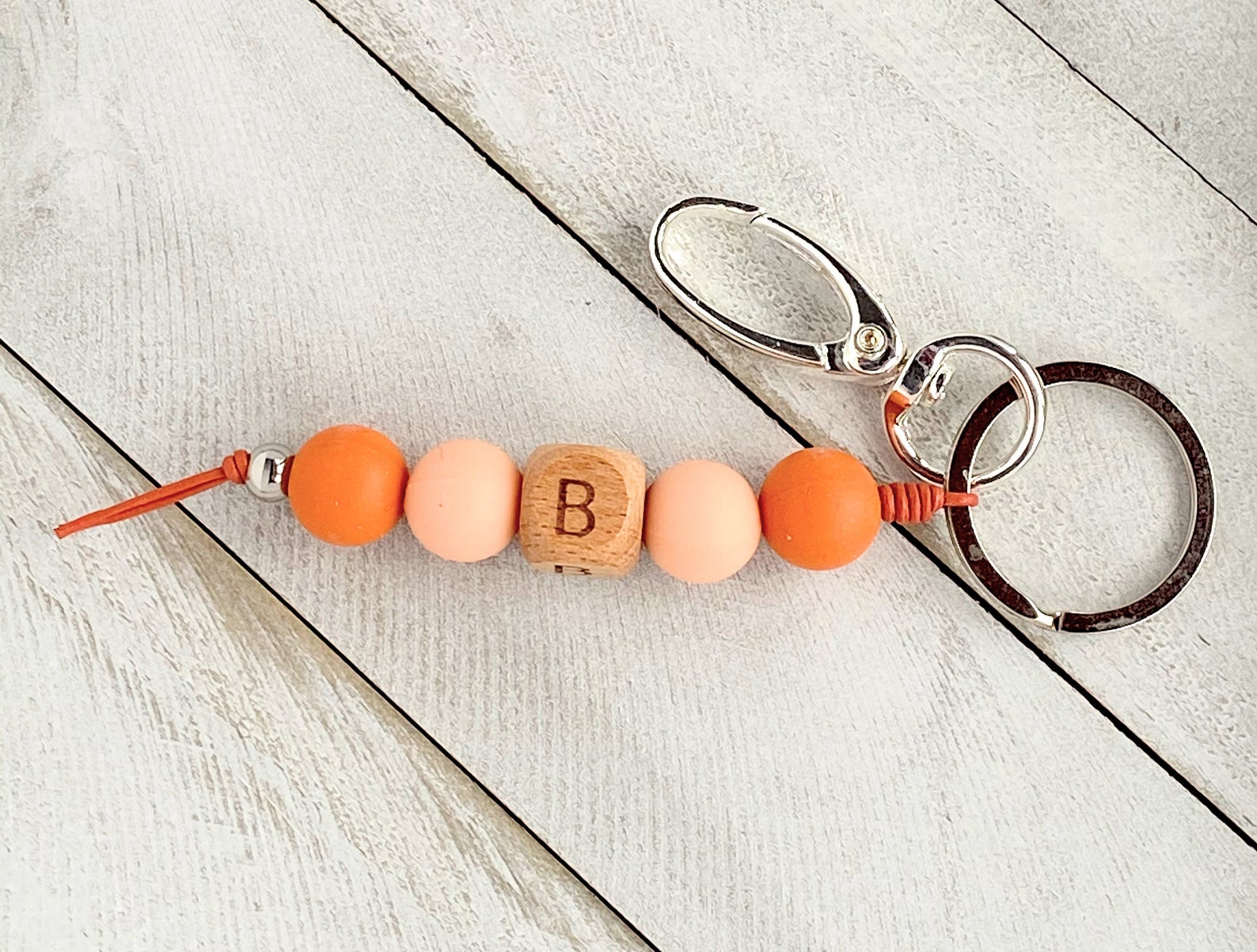 Initial Keyring Silicone and Beech Wood Beaded Key Chain - Etsy