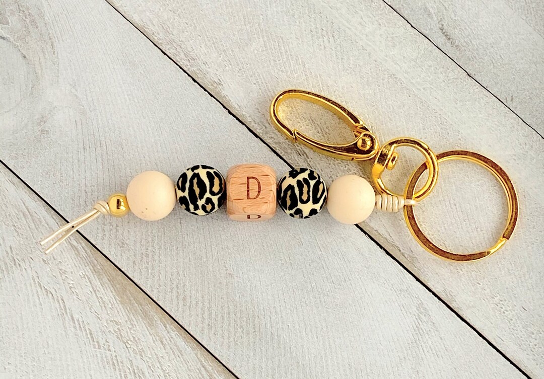 Personalized Initial Keychain, Beech Wood & Silicone Beaded Bag Charm ...