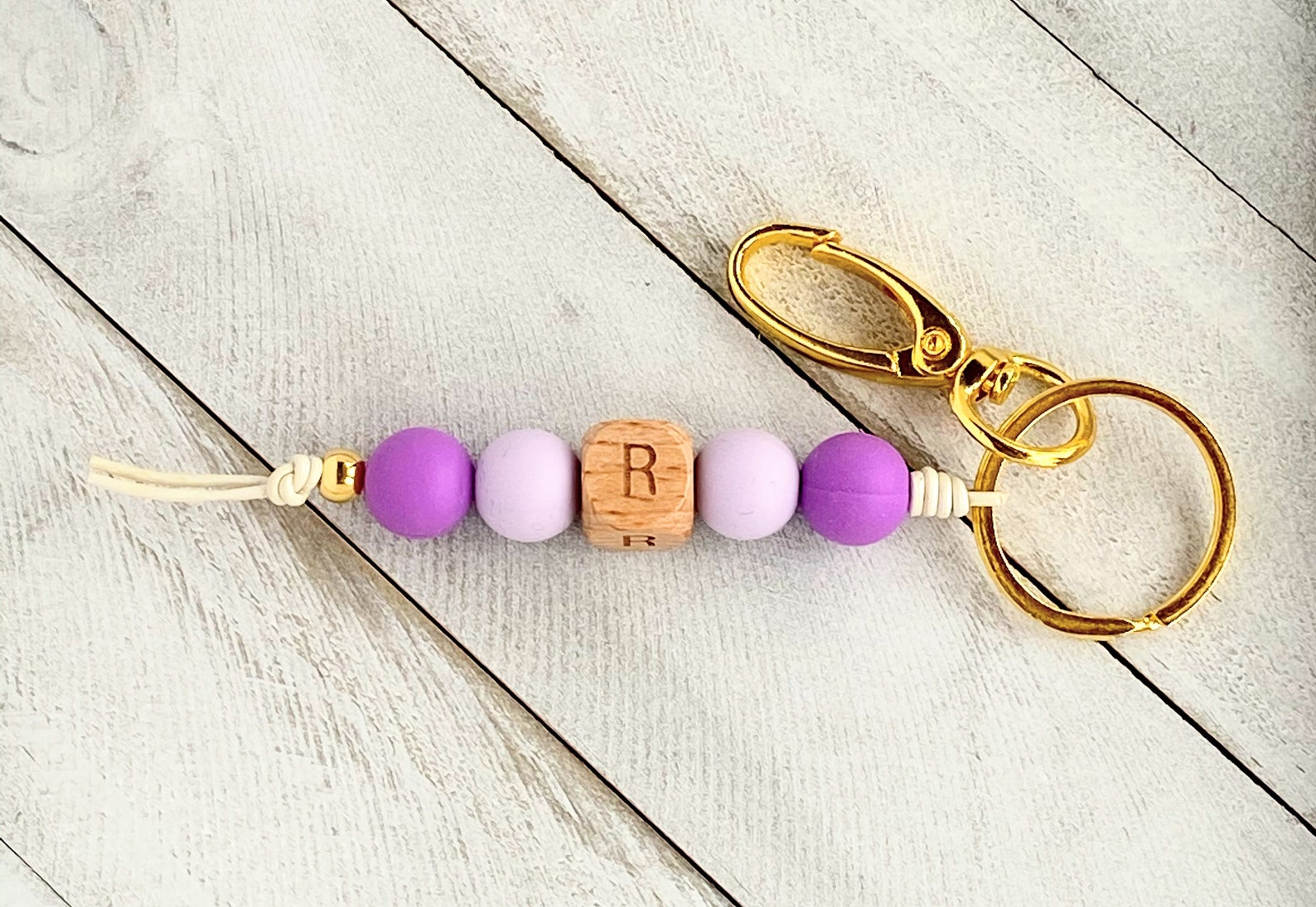 Personalized Initial Keychain, Beech Wood & Silicone Beaded Bag Charm ...